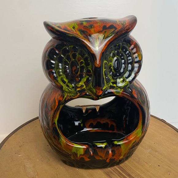 Accents | Vintage Ceramic Owl Ashtray Planter Orange Green Drip Glaze ...